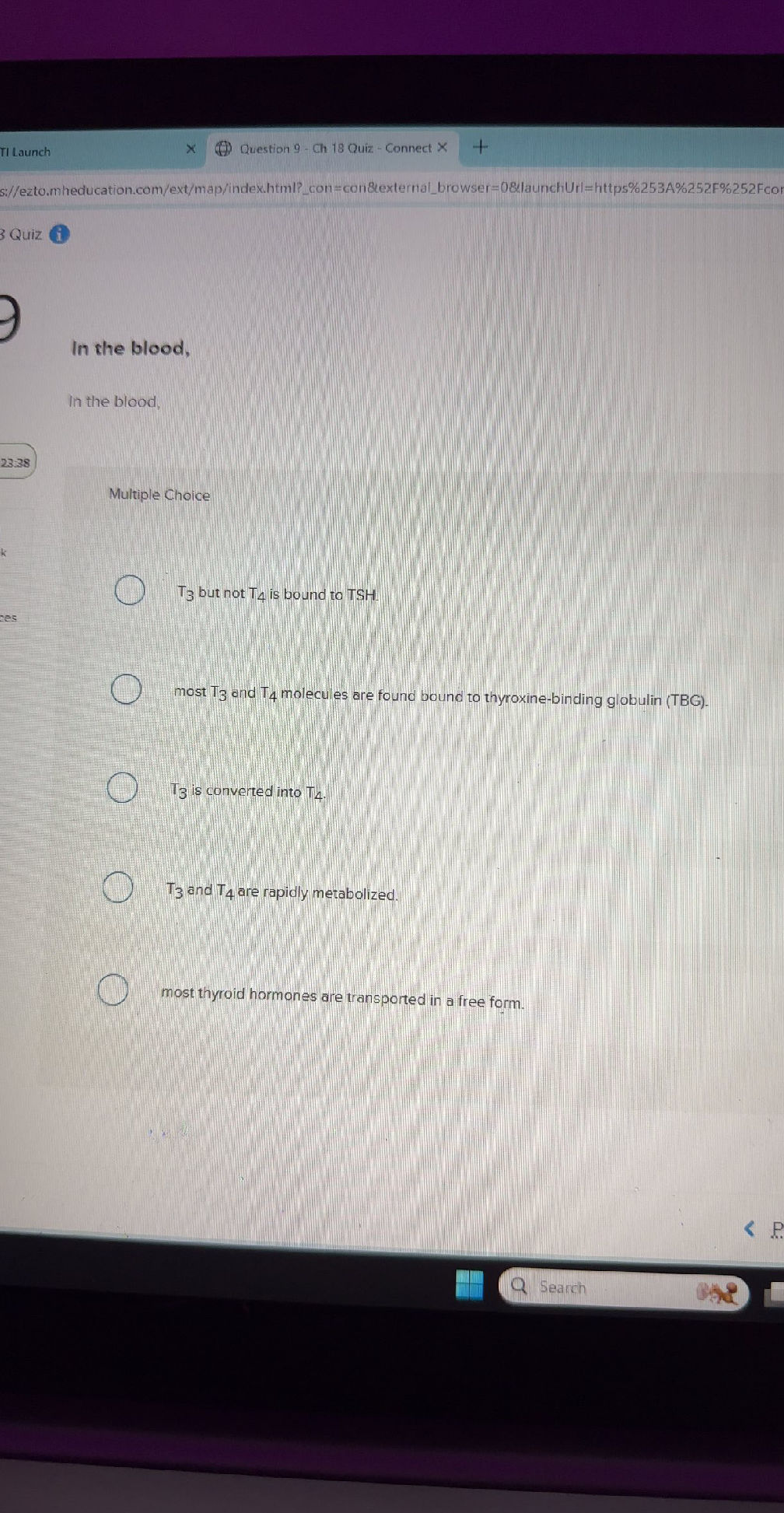 In the blood, Multiple Choice T3 but not | StudyX