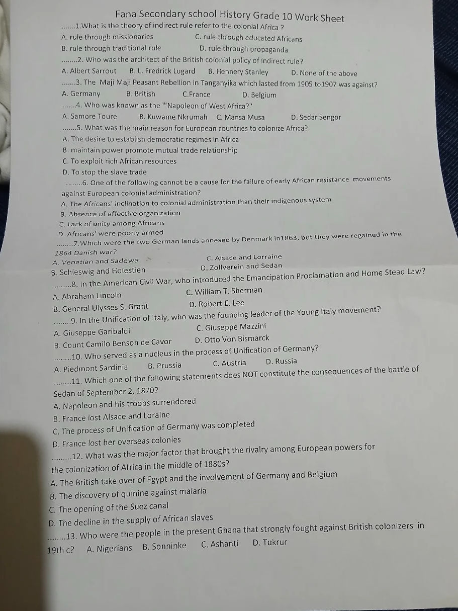 Fana Secondary school History Grade 10 Work | StudyX
