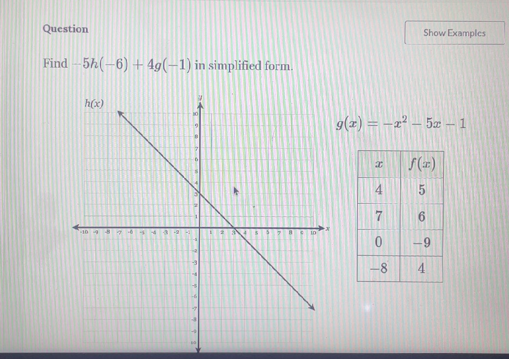Find $-5h(-6) + 4g(-1)$ in simplified form. | StudyX