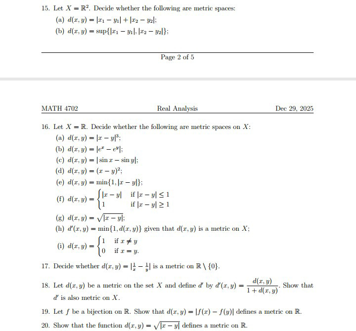 Decide whether $d(x, y) = {1}{|x|} - | StudyX