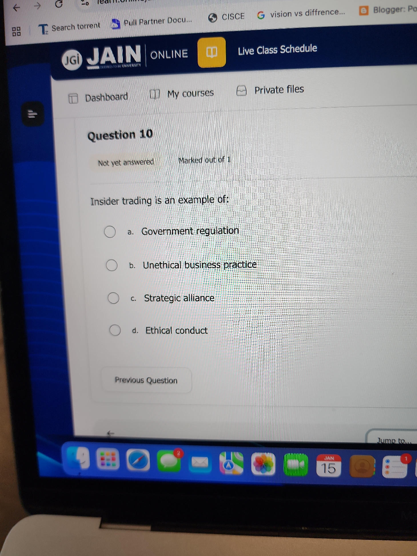 Insider trading is an example of: a. | StudyX
