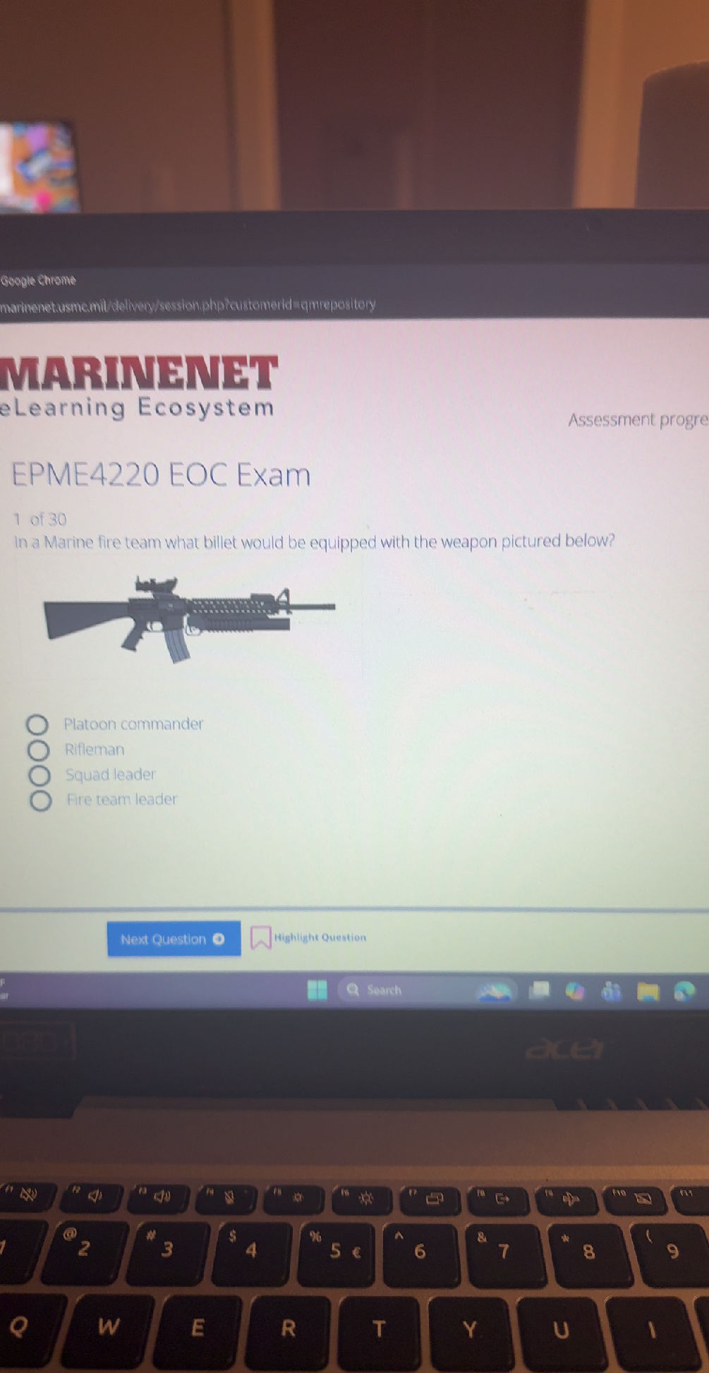 In a Marine fire team what billet would be | StudyX