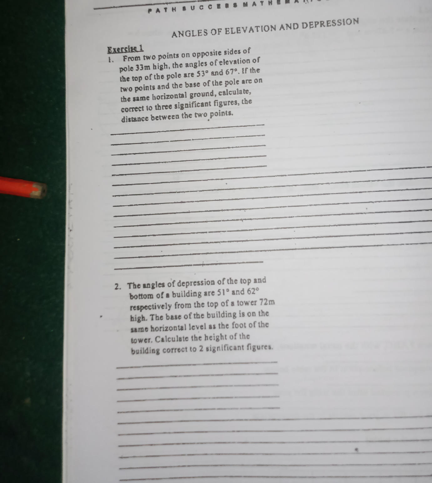 ANGLES OF ELEVATION AND DEPRESSION Exercise | StudyX