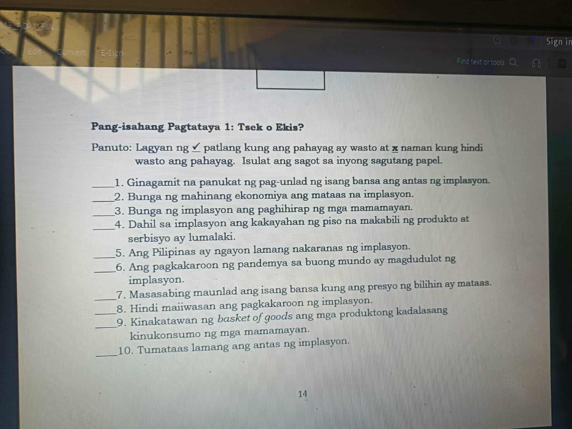 Pang-isahang Pagtataya 1: Tsek o Ekis? | StudyX