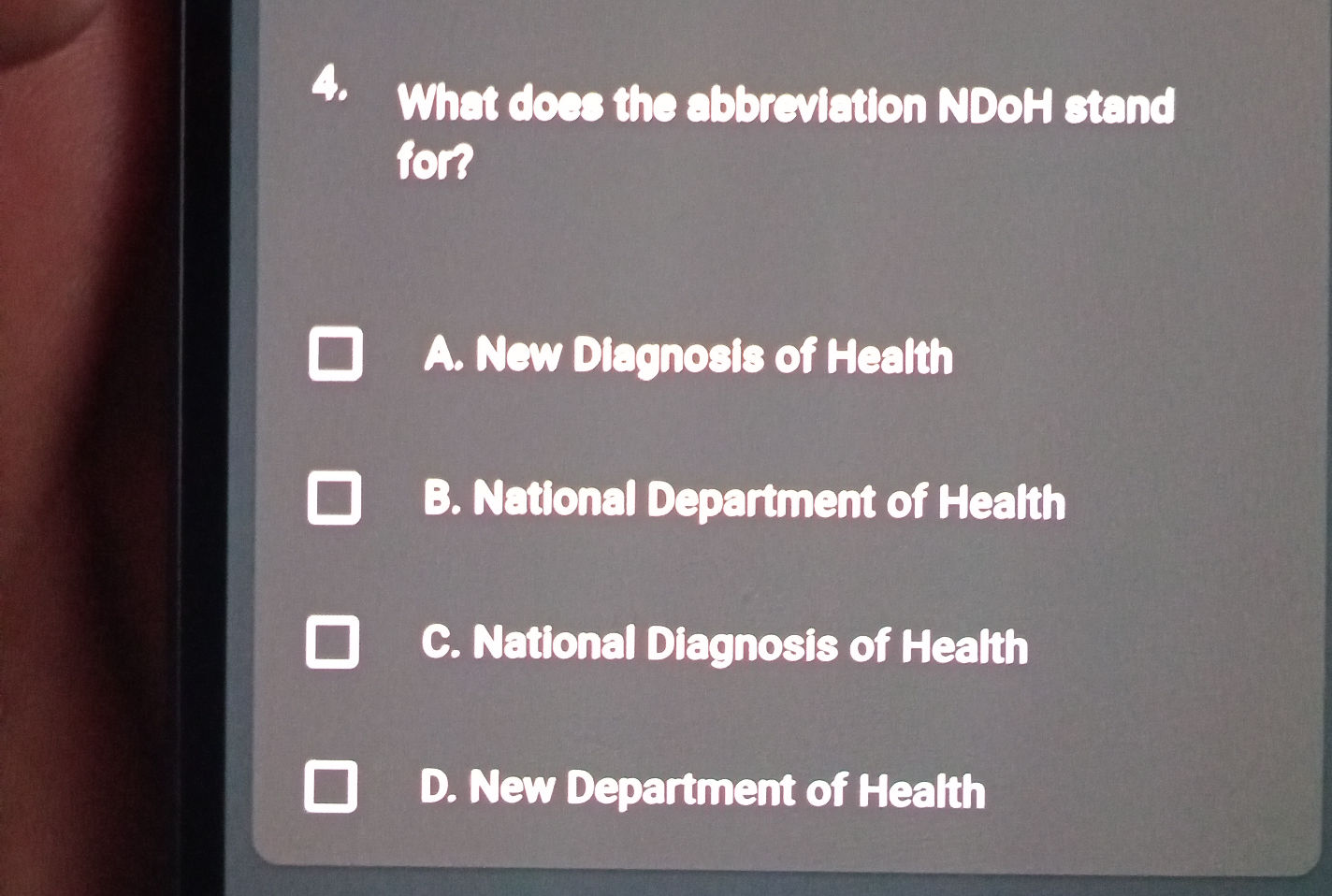 4. What does the abbreviation NDOH stand | StudyX