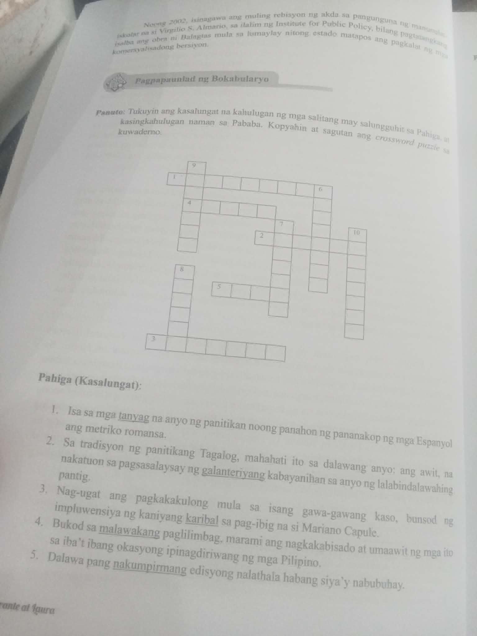 Pagpapaunlad ng Bokabularyo Panuto: Tukuyin | StudyX