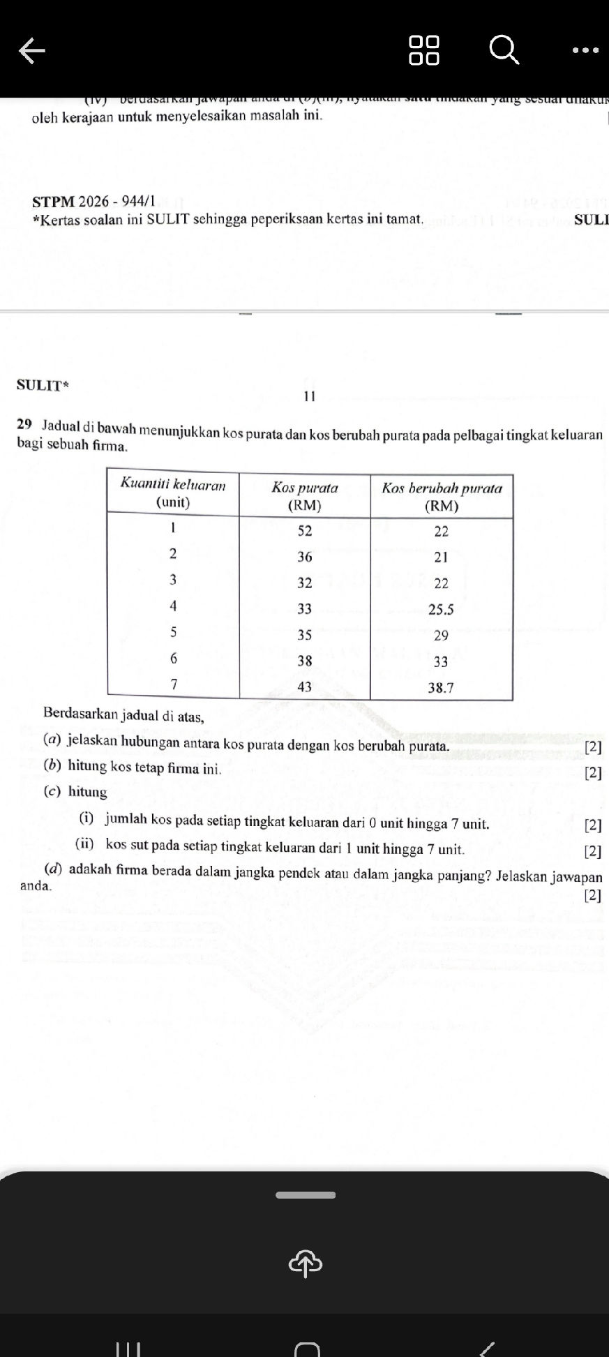 Jadual di bawah menunjukkan kos purata dan | StudyX