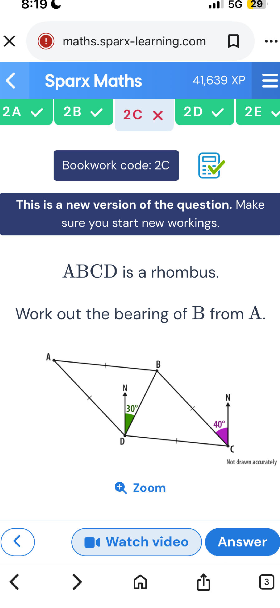 ABCD is a rhombus. Work out the bearing of | StudyX