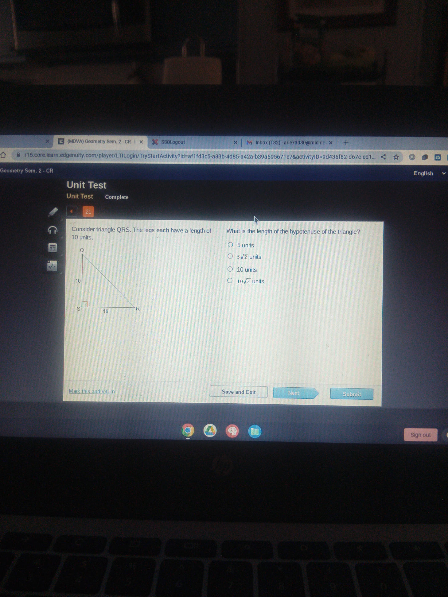 Consider triangle QRS. The legs each have a | StudyX