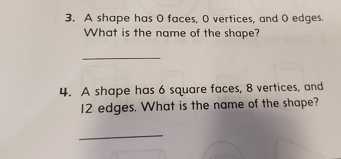3. A shape has 0 faces, 0 vertices, and 0 | StudyX