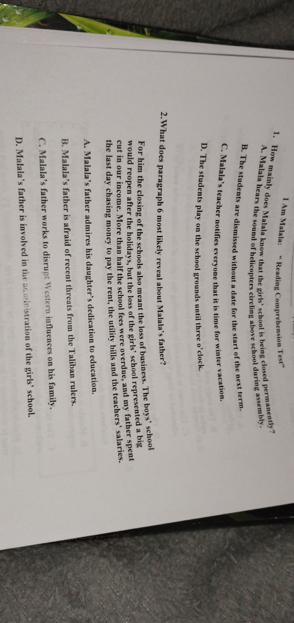 I Am Malala: "Reading Comprehension Test" | StudyX