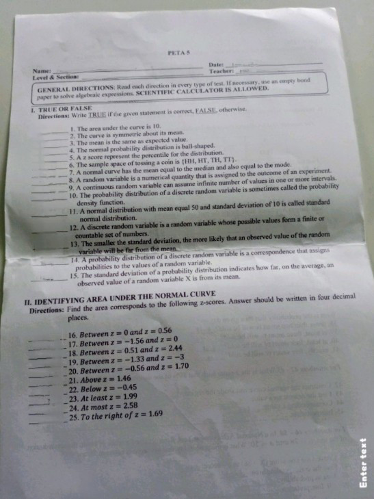 Directions: Write TRUE if ése given | StudyX