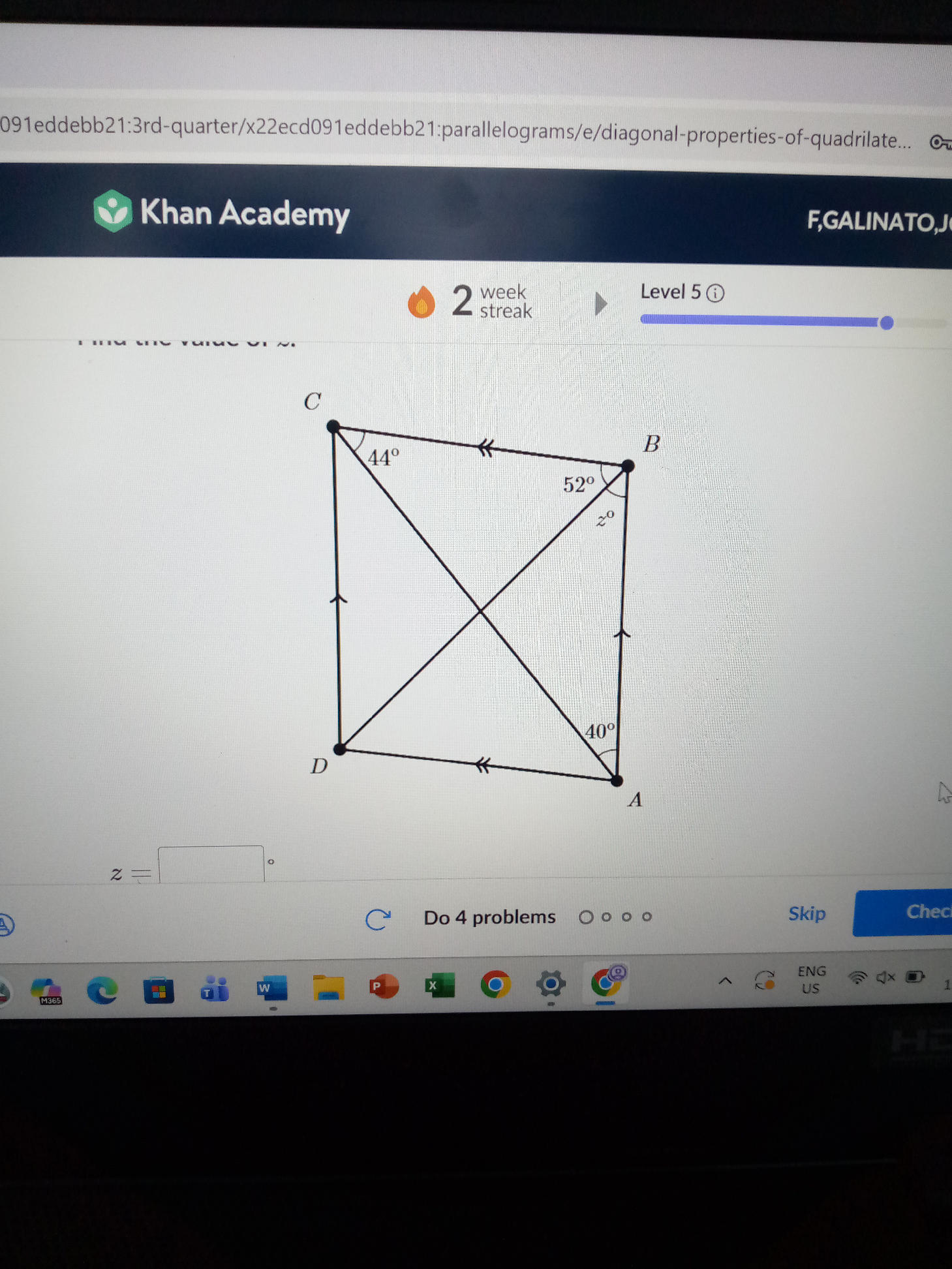 Find the value of z. [Image of a | StudyX