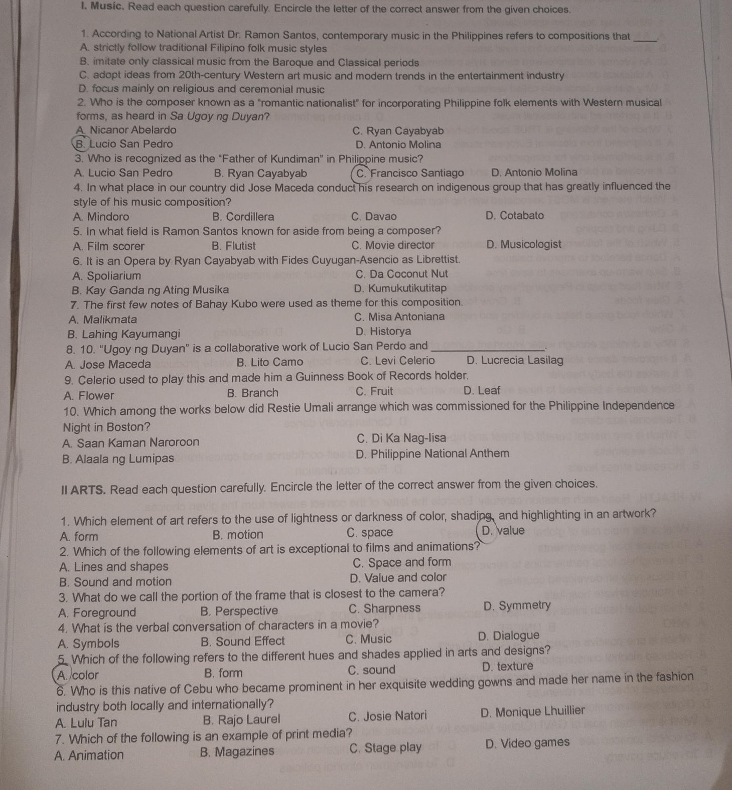 I. Music. Read each question carefully. | StudyX