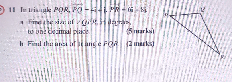 In triangle $PQR$, $ {PQ} = 4i + j$, $ {PR} | StudyX