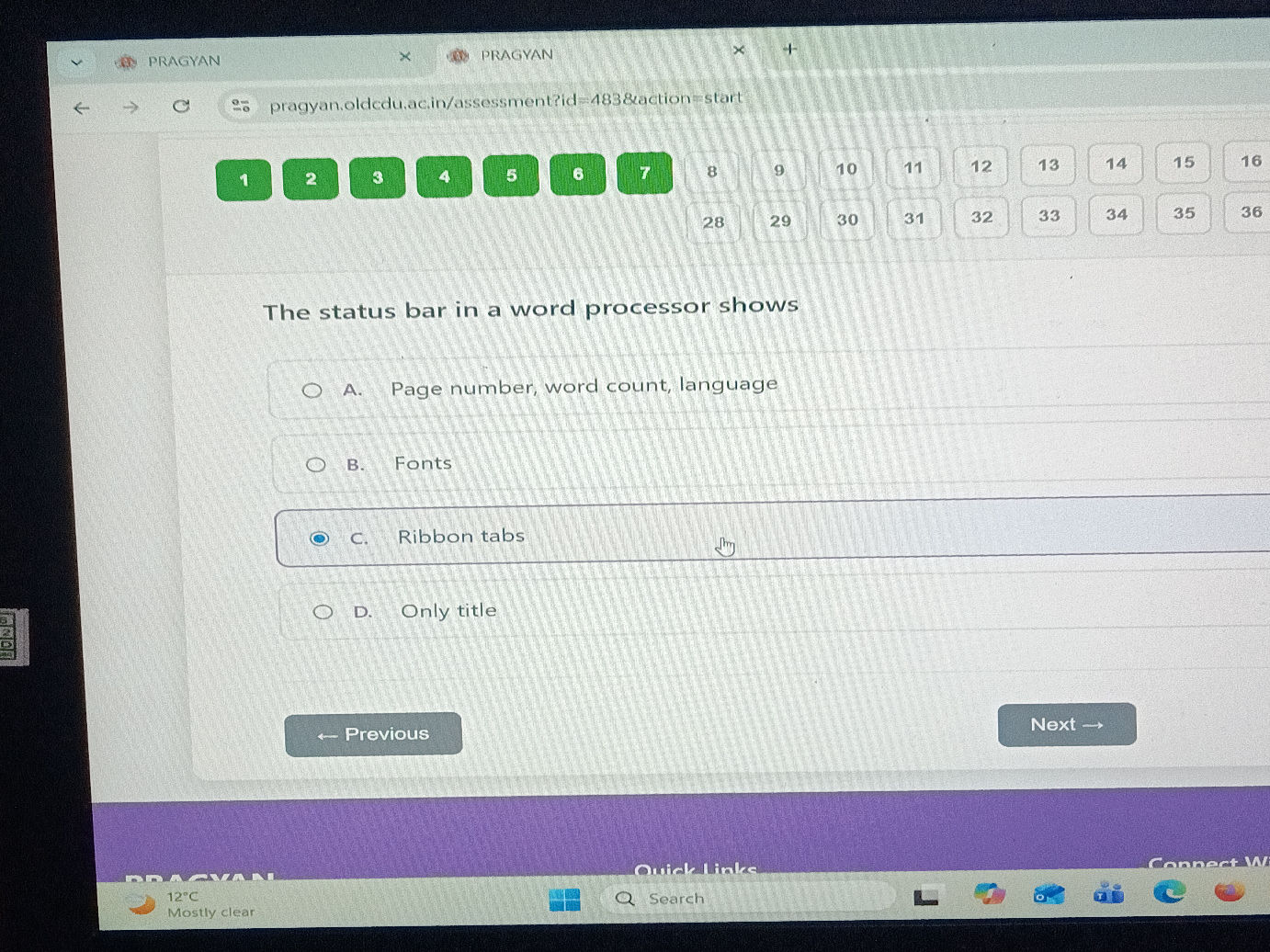The status bar in a word processor shows A. | StudyX