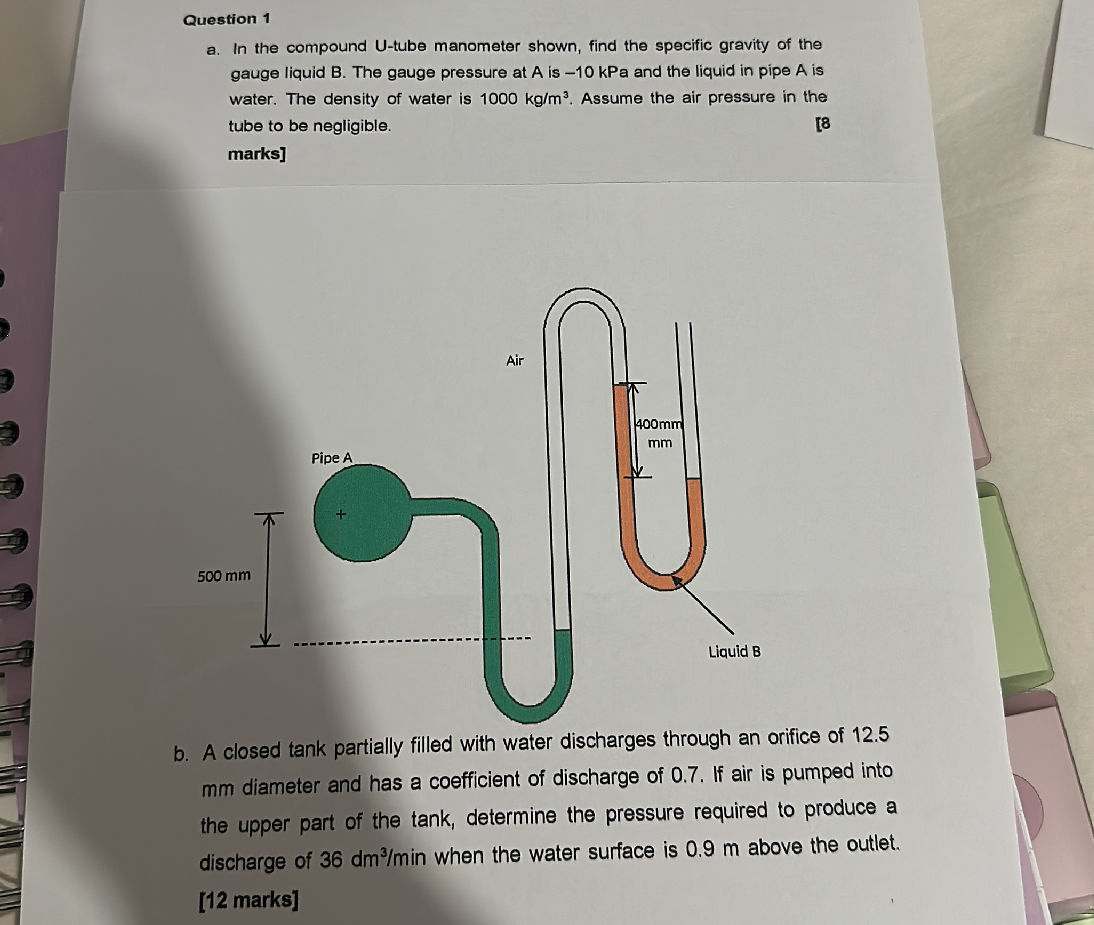 Question 1 a. In the compound U-tube | StudyX