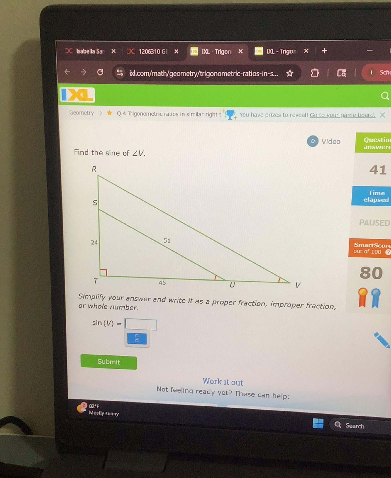 Find the sine of $ V$. (Diagram shows two | StudyX