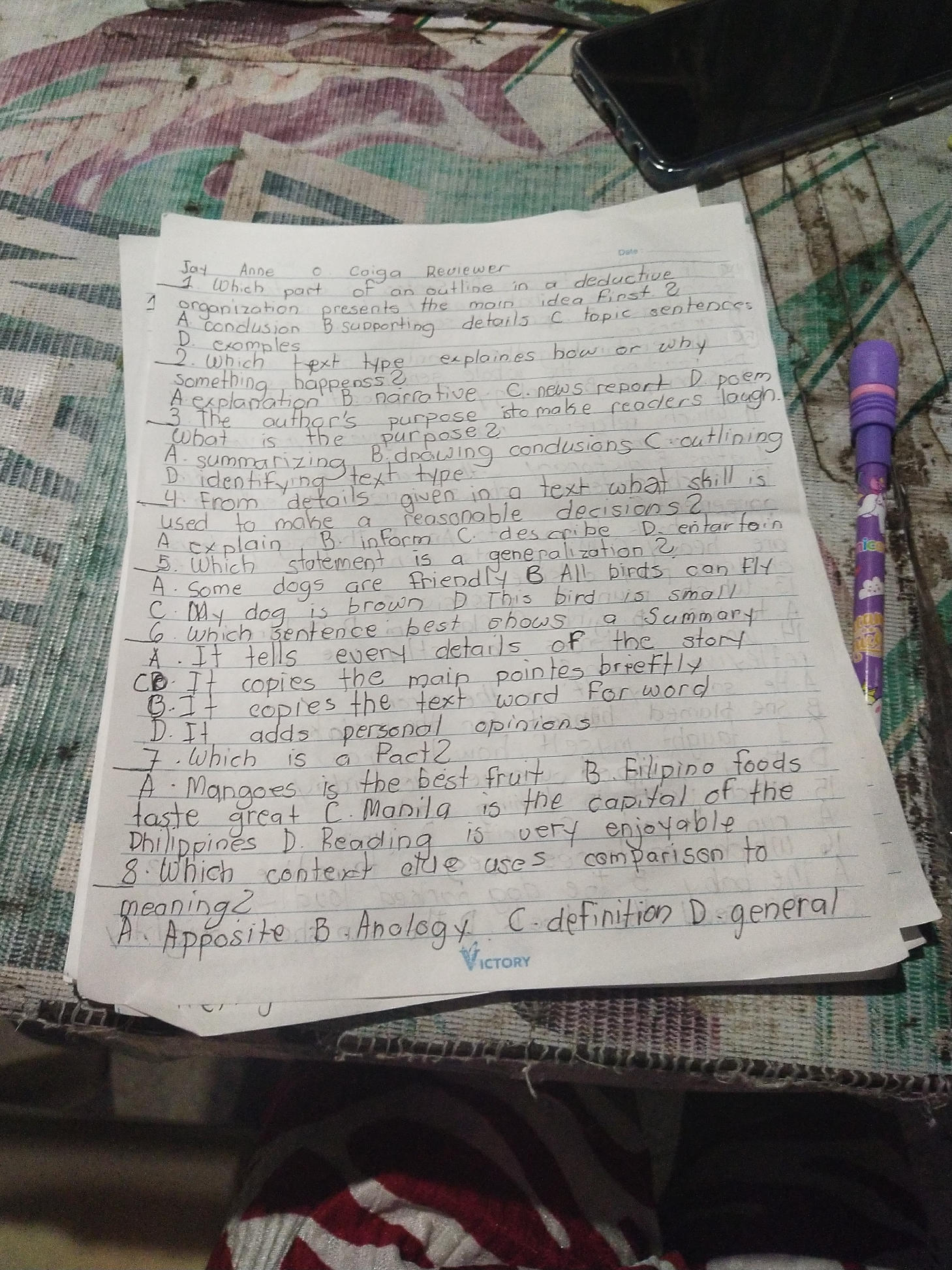 1. Which part of an outline in a deductive | StudyX