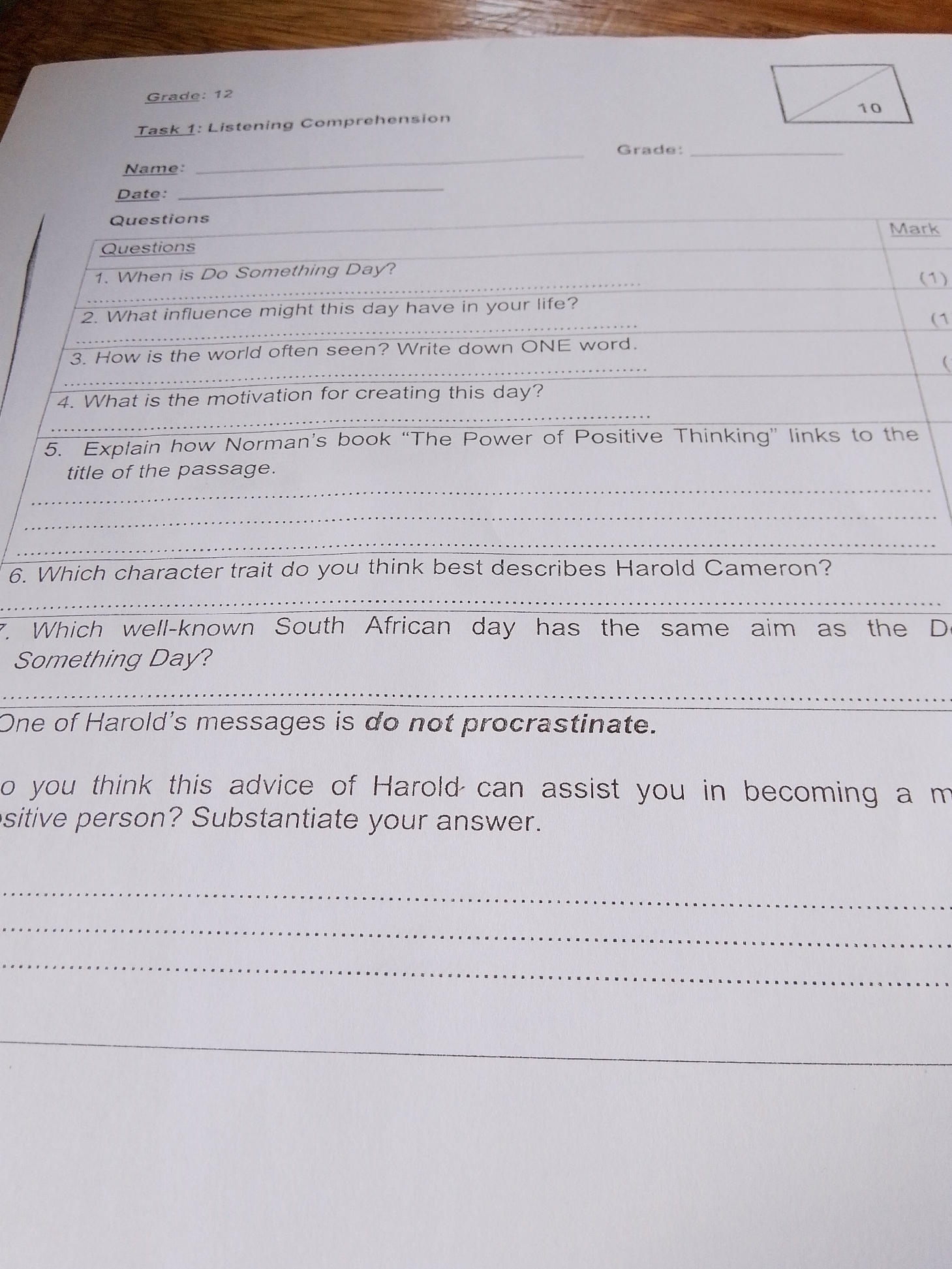 Grade: 12 Task 1: Listening Comprehension