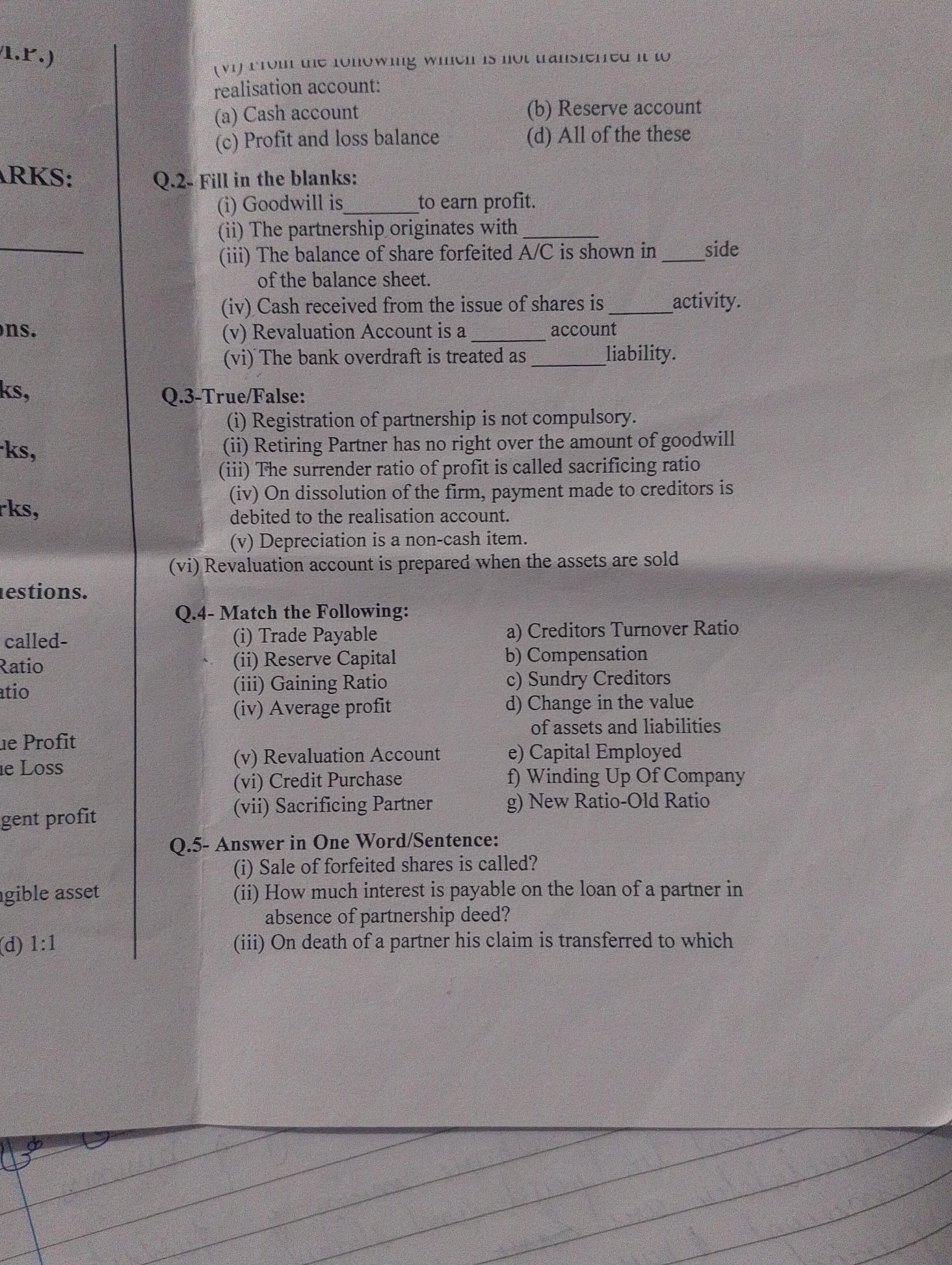 Answer in One Word/Sentence: (i) Sale of | StudyX