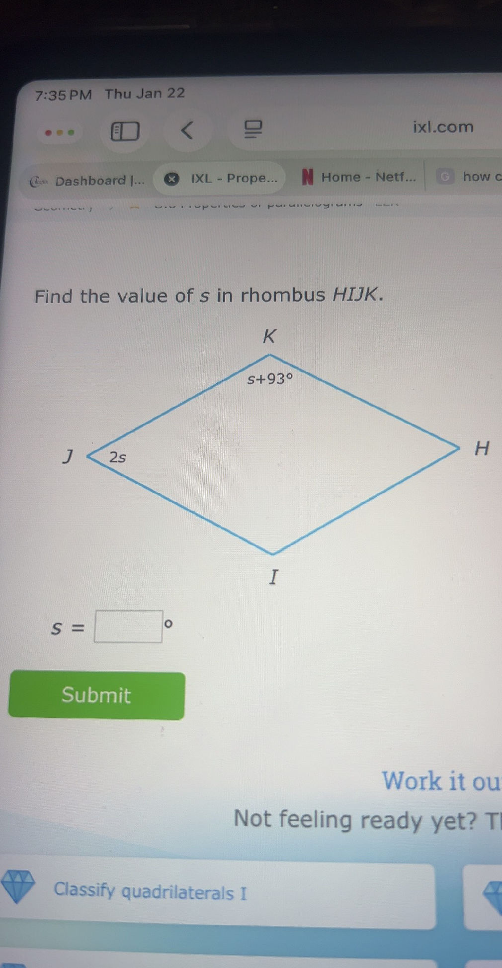 Find the value of $s$ in rhombus $HIJK$. (A | StudyX