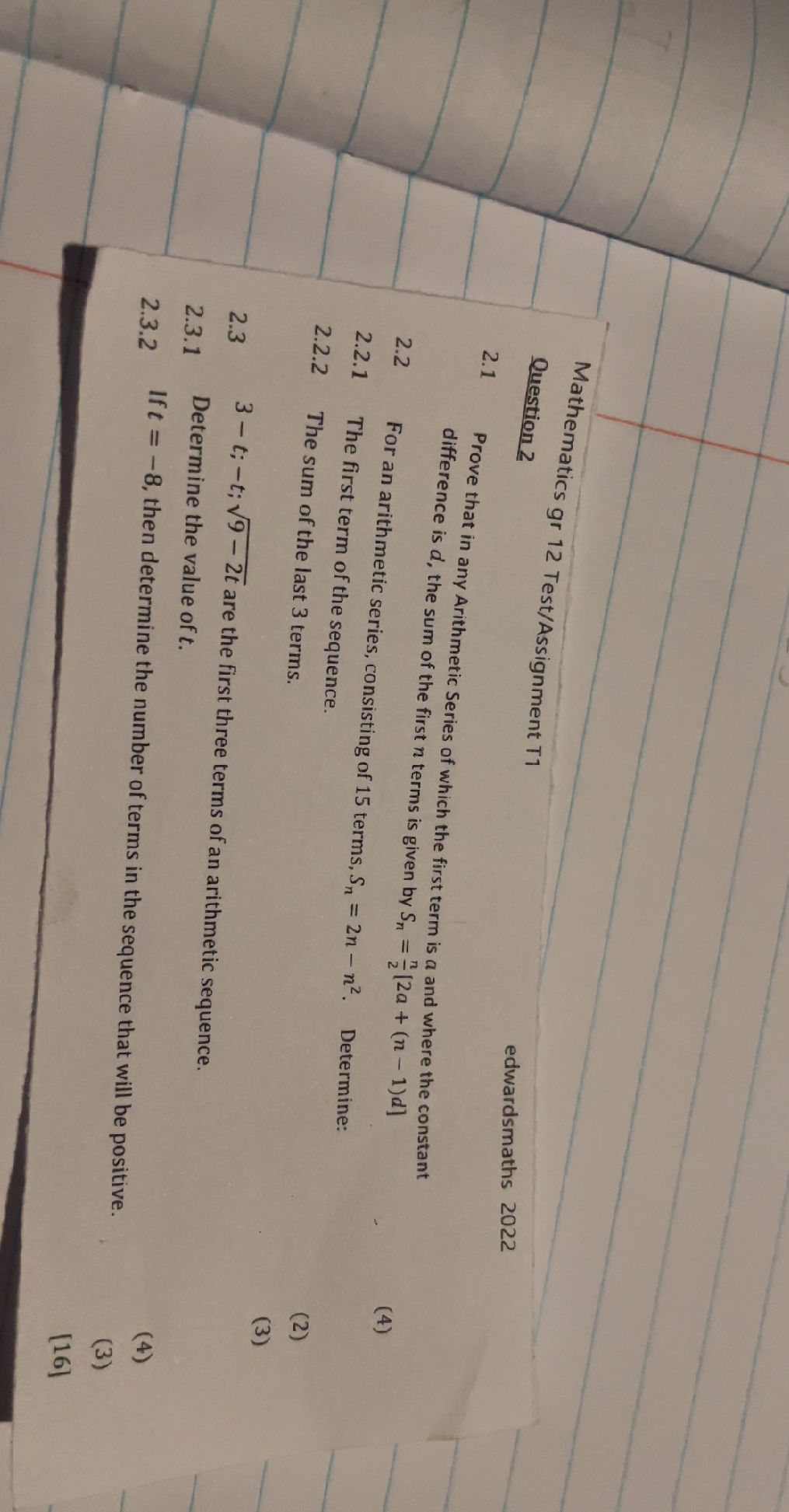 Mathematics gr 12 Test/Assignment T1 | StudyX