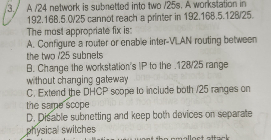 A /24 network is subnetted into two /25s. A | StudyX