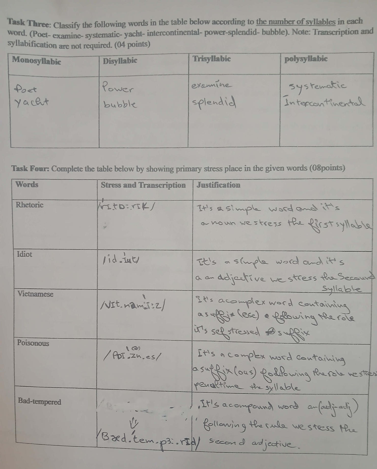 Task Three: Classify the following words in | StudyX
