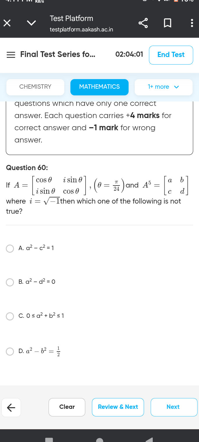 Question 60: If $A = cos i sin i | StudyX