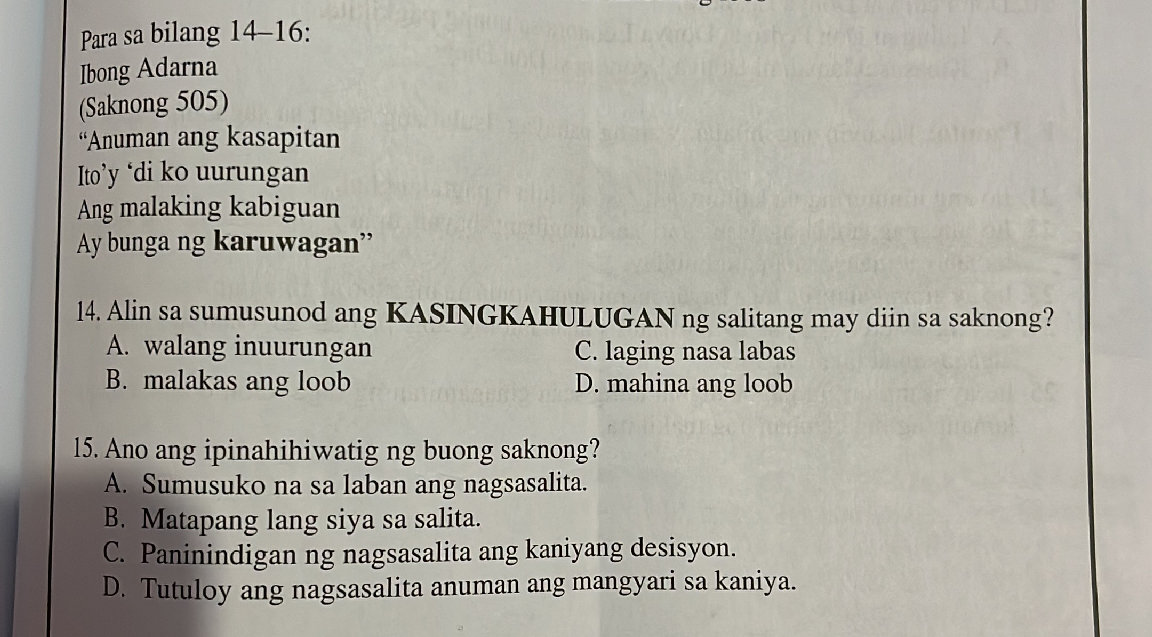 Para sa bilang 14-16: Ibong Adarna (Saknong | StudyX