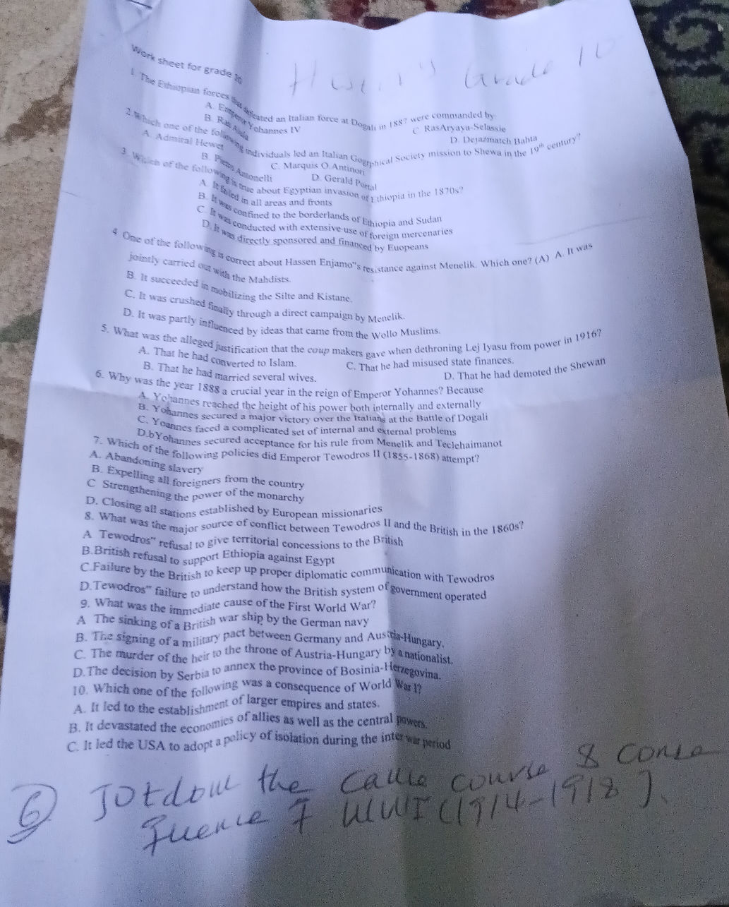 Work sheet for grade To 1. The Ethiopian | StudyX