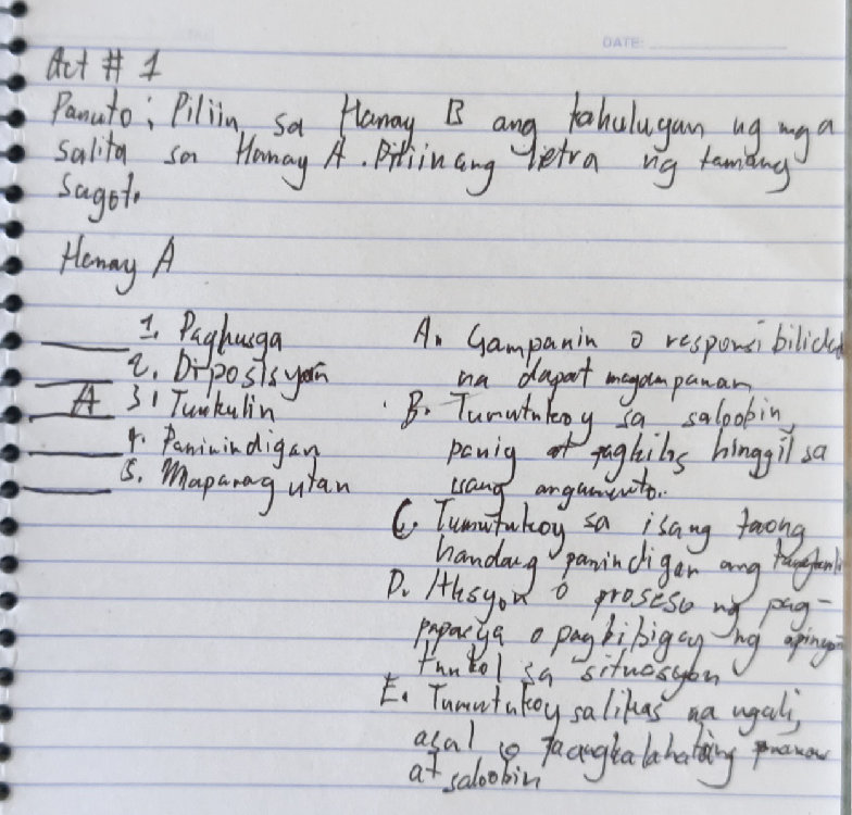 Act #1 Panuto: Piliin sa Hanay B ang | StudyX