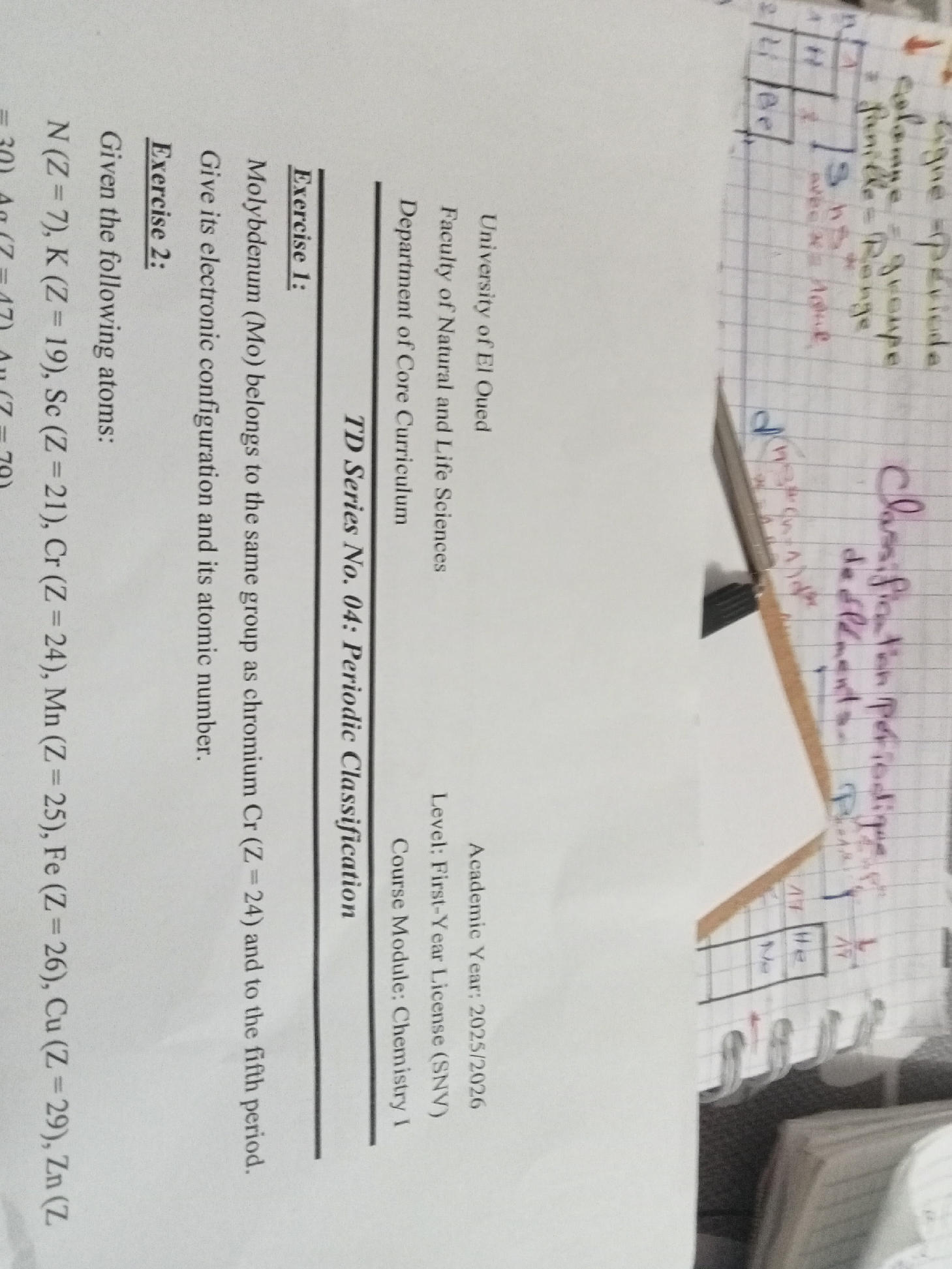 Exercise 1: Molybdenum (Mo) belongs to the | StudyX