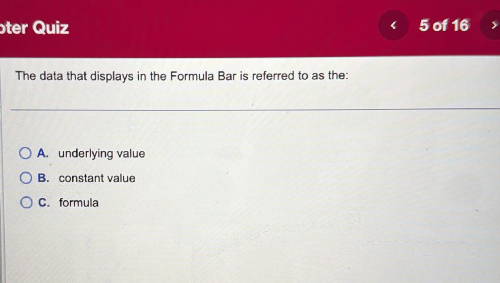 The data that displays in the Formula Bar is | StudyX