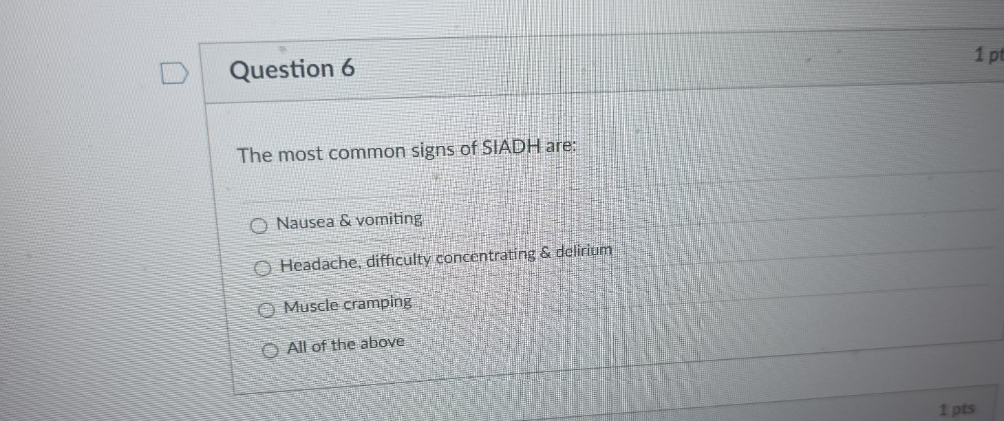 The most common signs of SIADH are: Nausea | StudyX