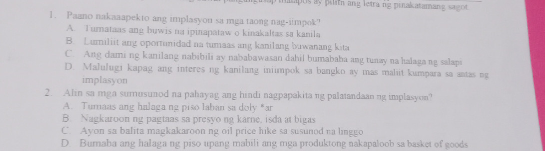 1. Paano nakaaapekto ang implasyon sa mga | StudyX