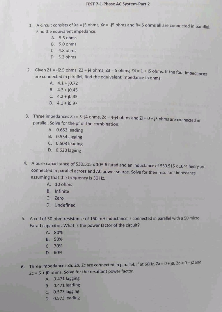 TEST 7-1-Phase AC System-Part 2 1 A circuit | StudyX