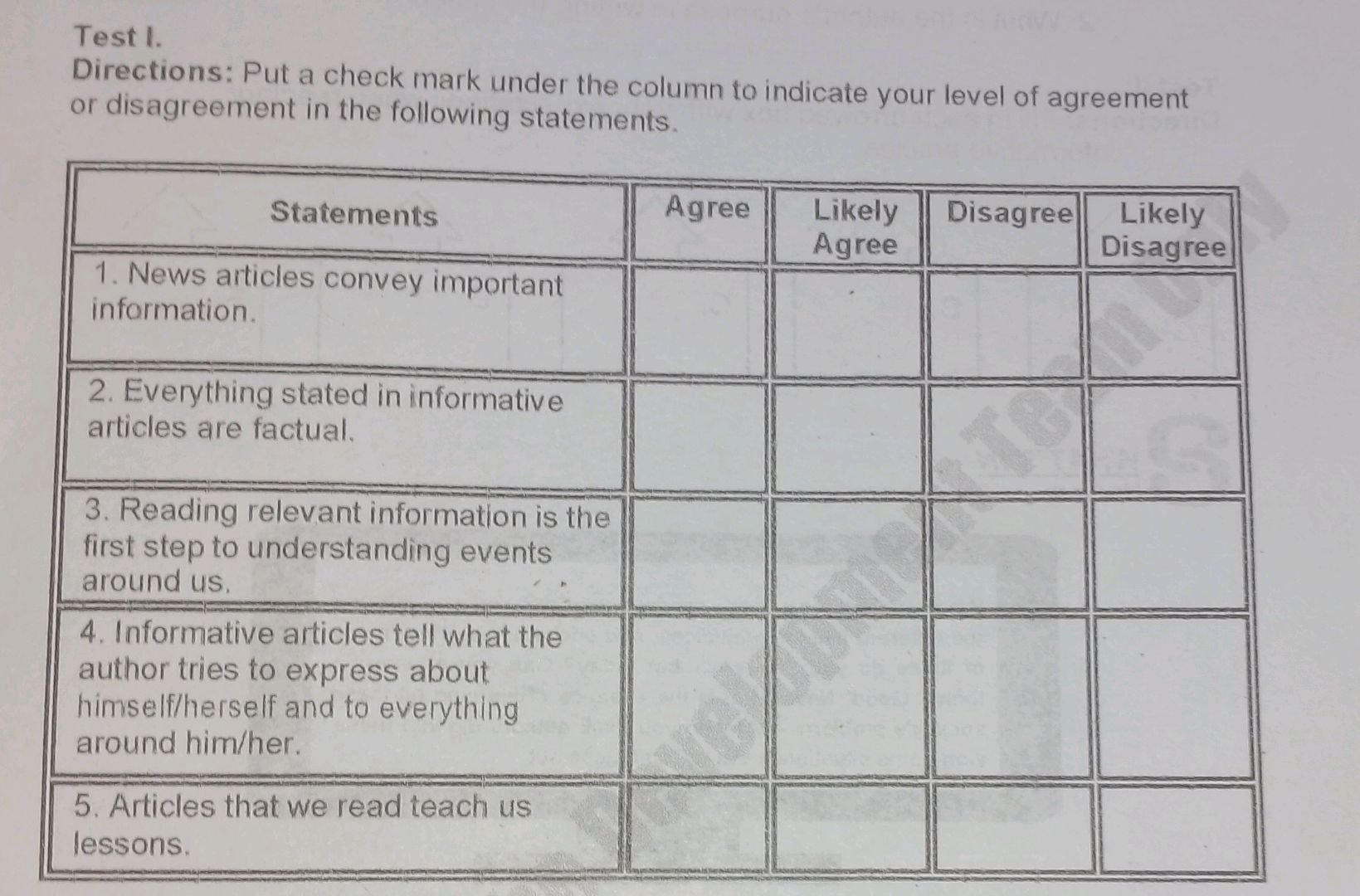 Test I Directions Put a check mark under | StudyX