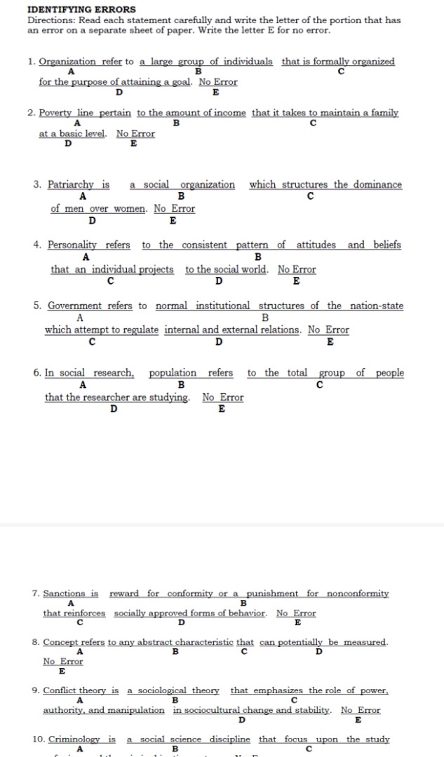 IDENTIFYING ERRORS Directions Read each | StudyX