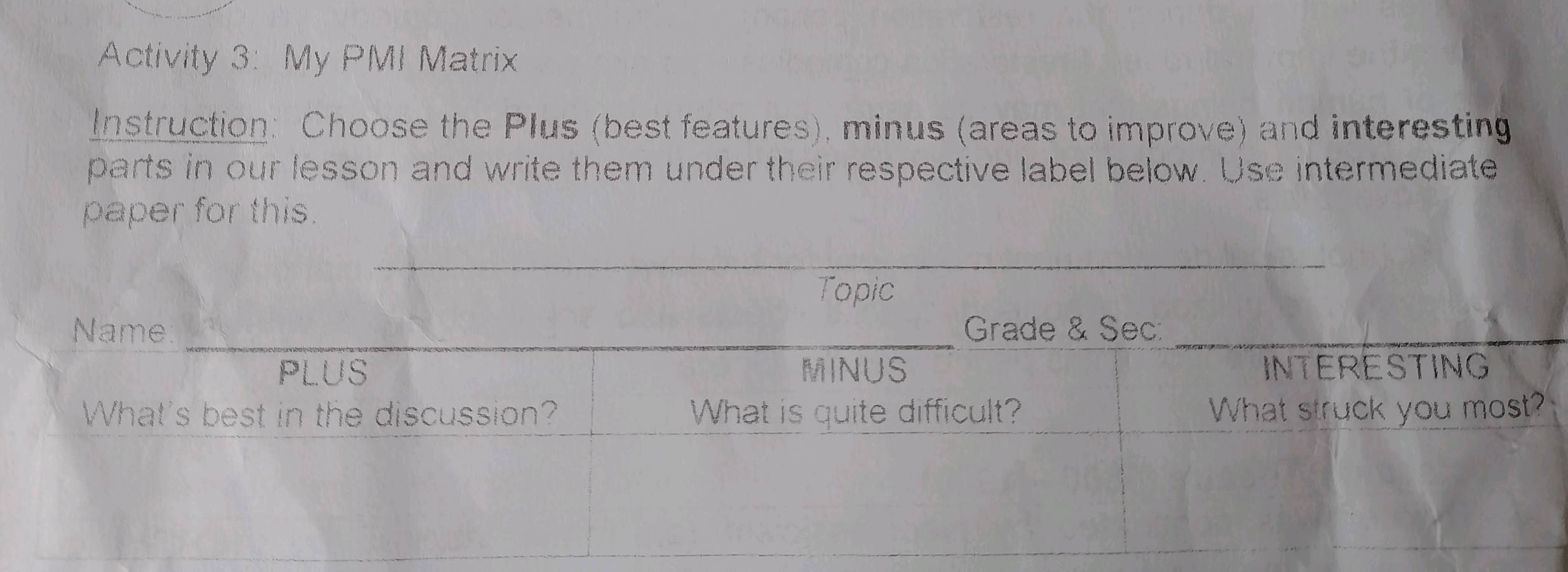 Activity 3 My PMI Matrix Instruction Choose | StudyX
