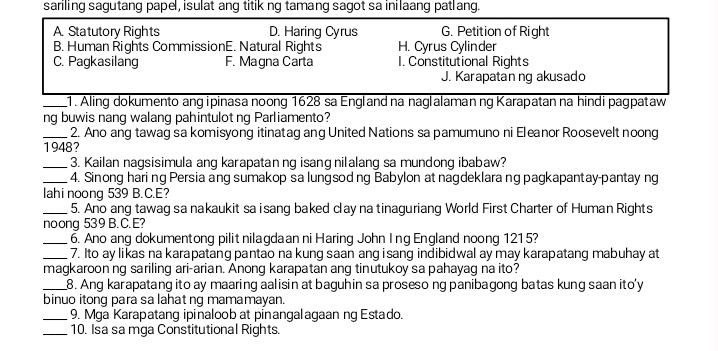 sariling sagutang papel isulat ang titik ng | StudyX
