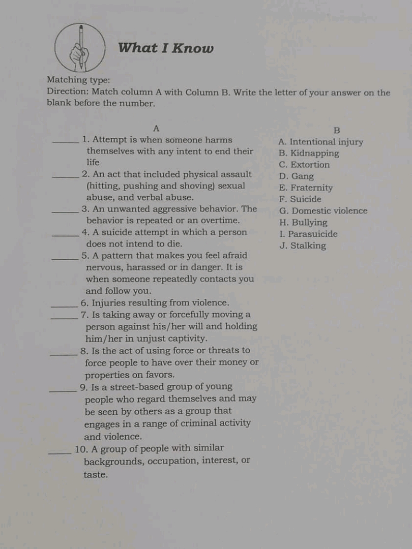 What I Know Matching type Direction Match | StudyX