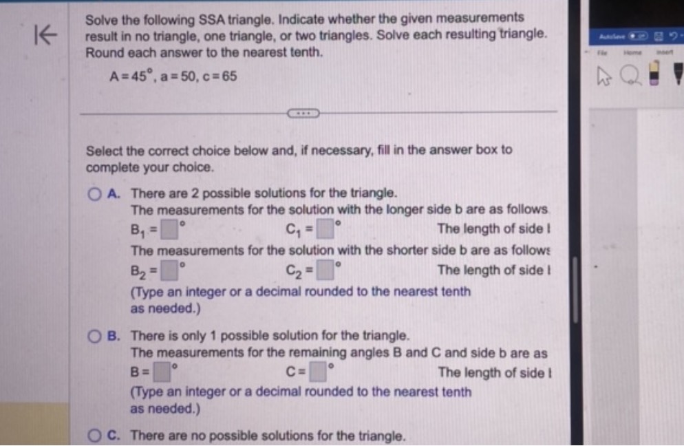 Solve the following SSA triangle Indicate | StudyX