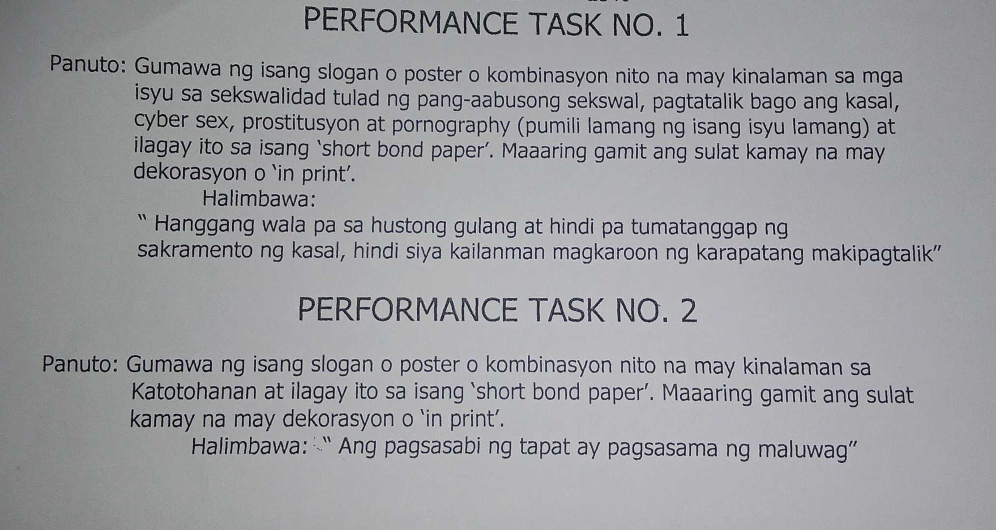 PERFORMANCE TASK NO 1 Panuto Gumawa ng | StudyX