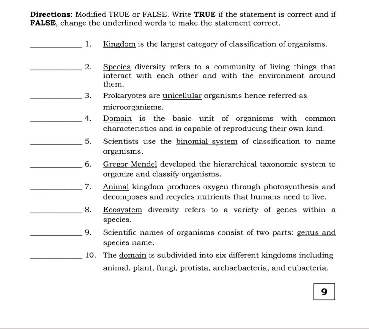 Directions Modified TRUE or FALSE Write | StudyX