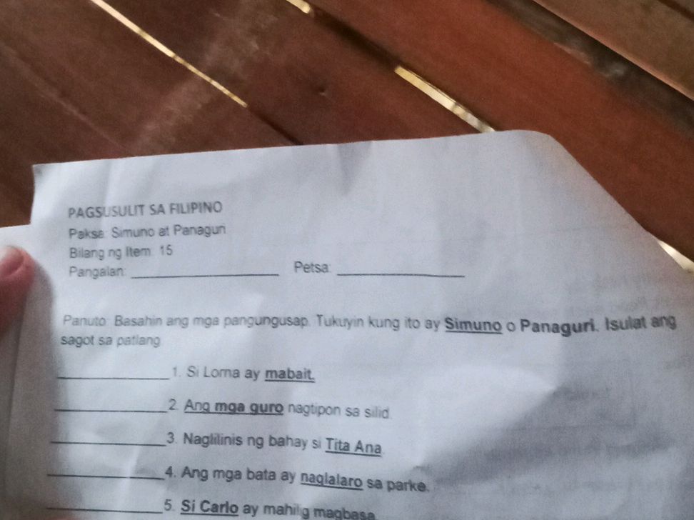 PAGSUSULIT SA FILIPINO Paksa: Simuno at | StudyX