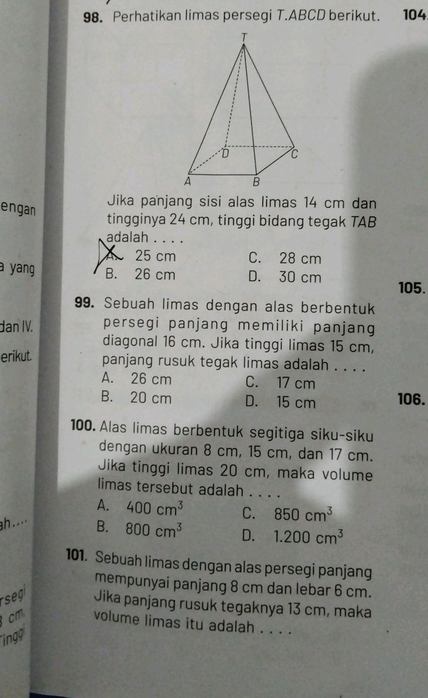 98. Perhatikan limas persegi T.ABCD berikut. | StudyX