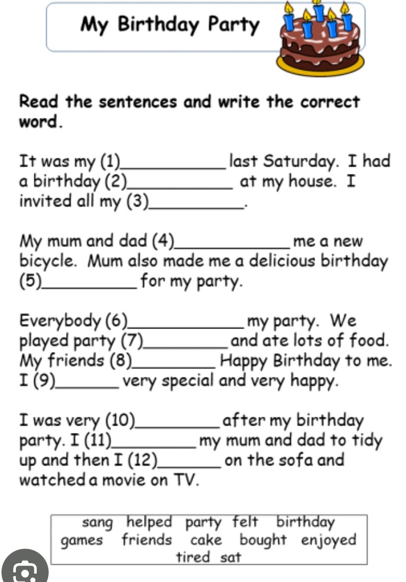 My Birthday Party Read the sentences and