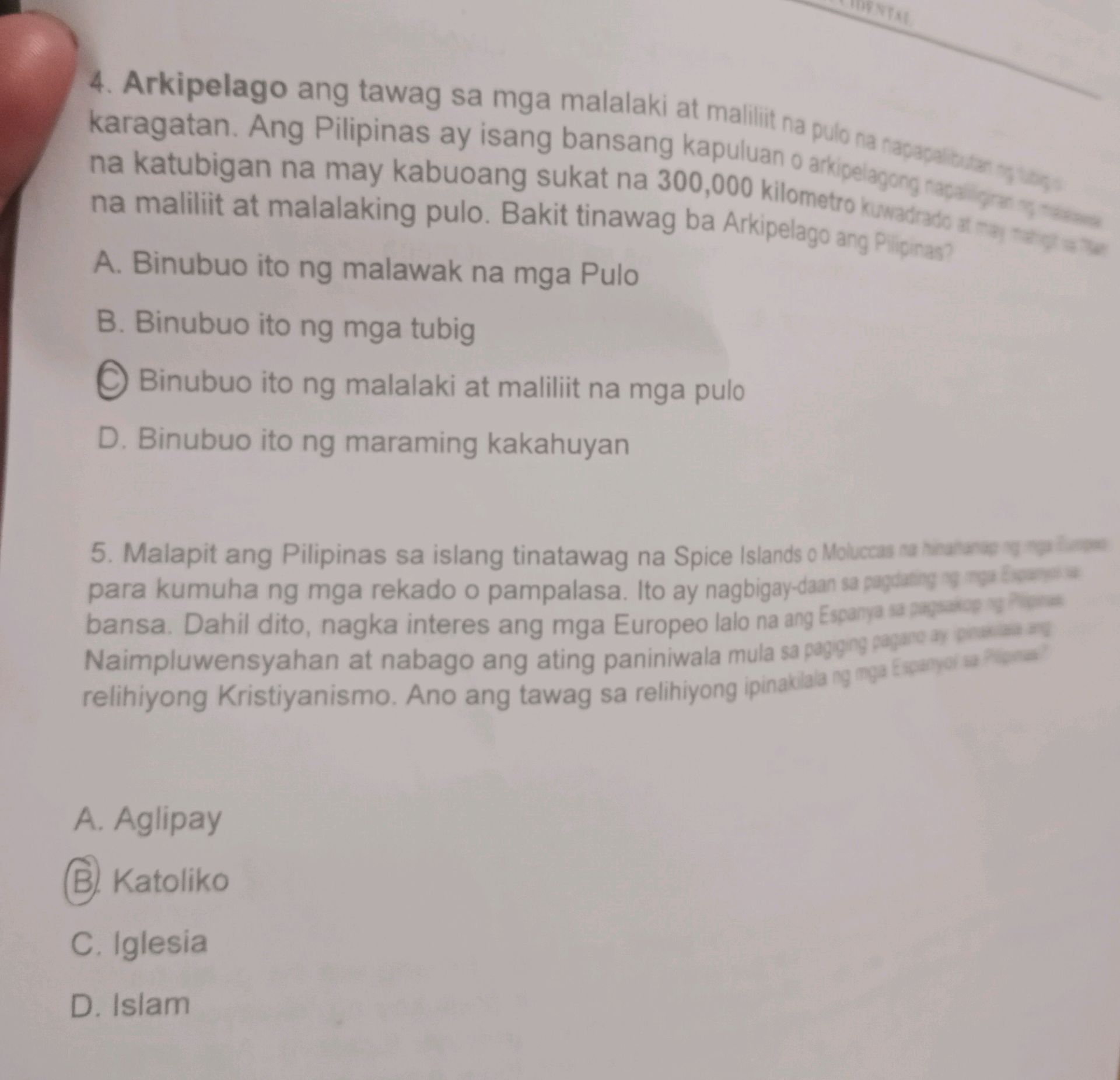 4. Arkipelago ang tawag sa mga malalaki at | StudyX